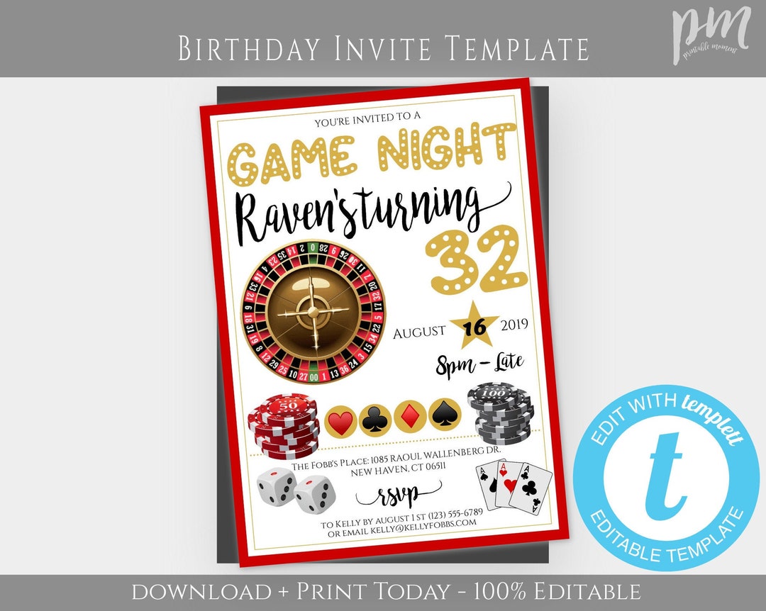 Game Party Invitation Template, Game Night Printable Invitation, Casino ...