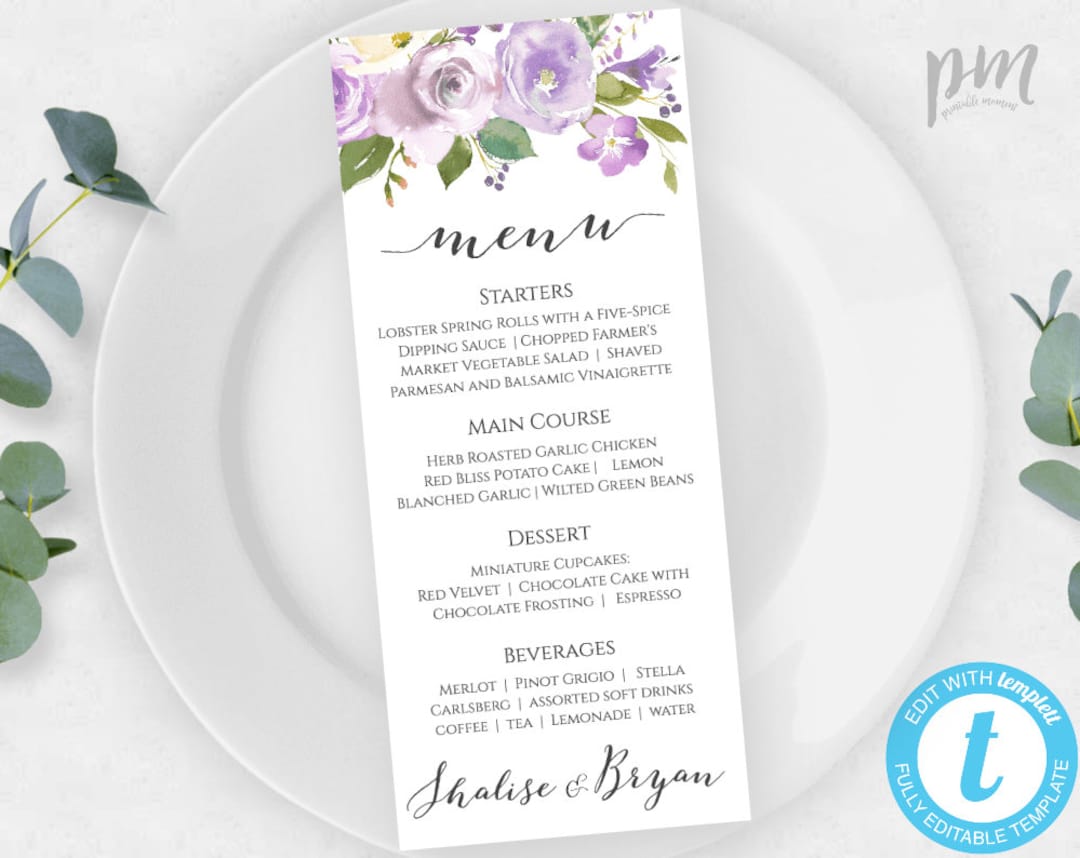 Lilac Wedding Menu Template, Lavender Printable Menu, Purple Floral ...