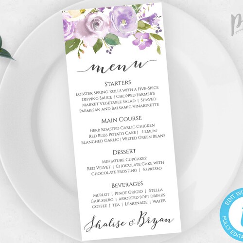 Lavender Menu Editable Template Purple Floral Menu Lilac - Etsy