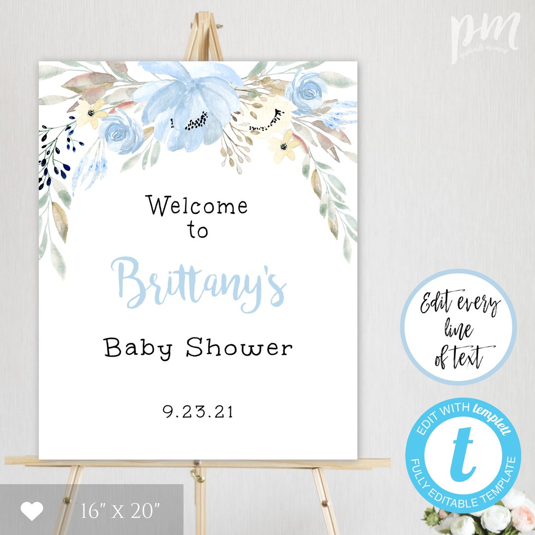 Blue Floral Boy Baby Shower Welcome Sign Template, Shower Welcome Sign ...
