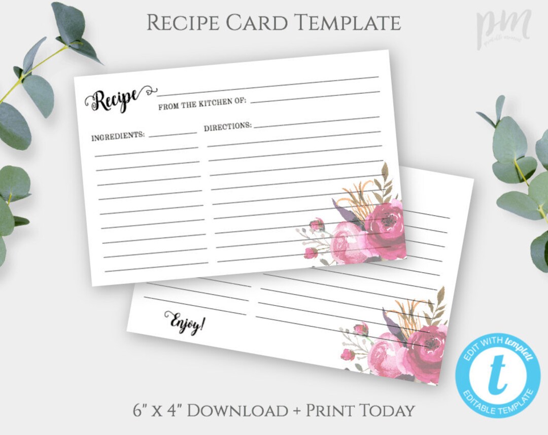Pink Floral Recipe Card Template, Bridal Shower Recipe Card, Printable ...