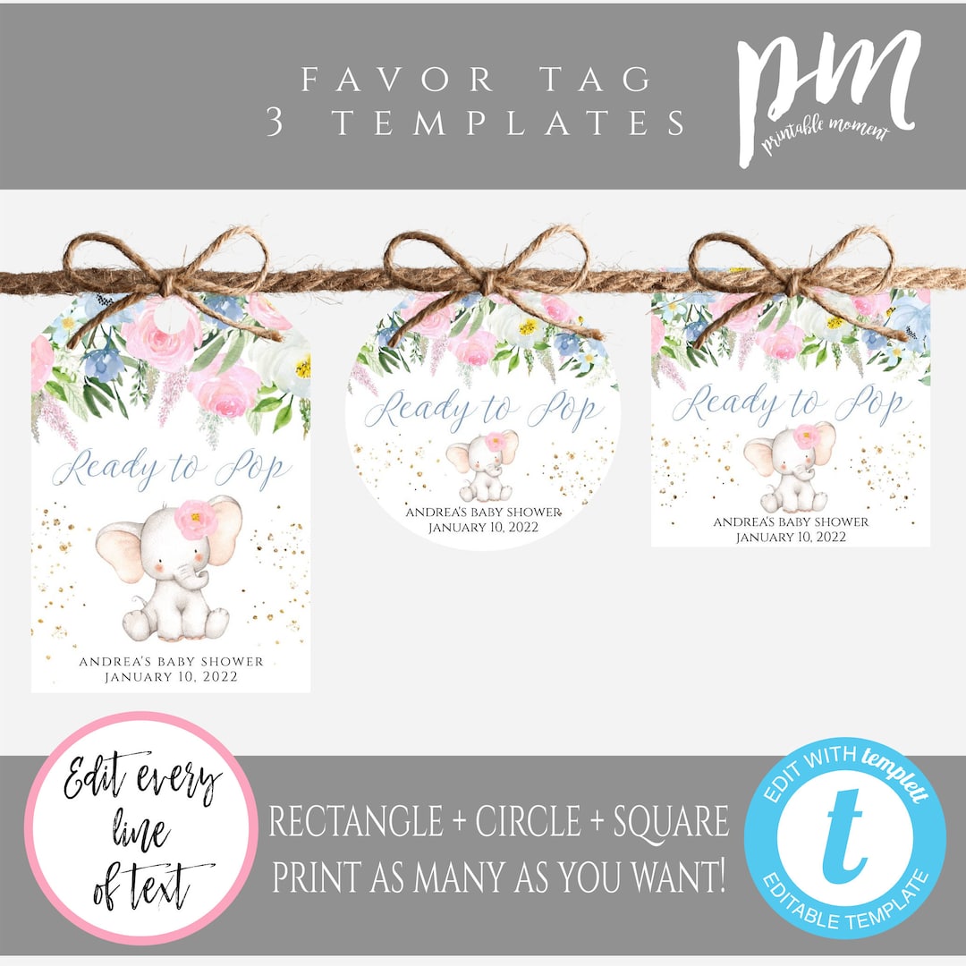 Pink + Blue Floral Elephant Thank You Favor Tag Template, Ready to Pop ...