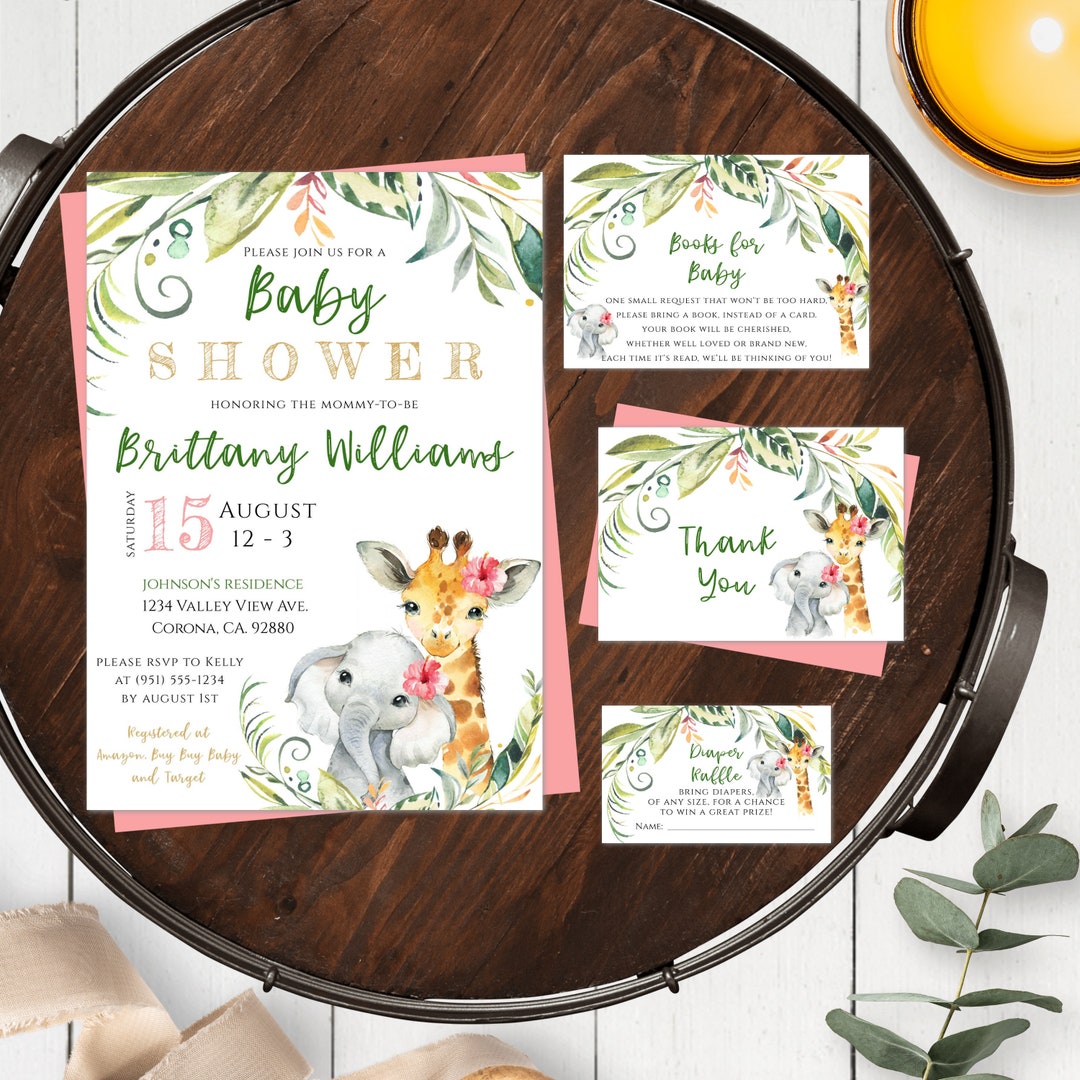 Elephant + Giraffe Baby Shower Invitation Template Set for Girl Baby ...
