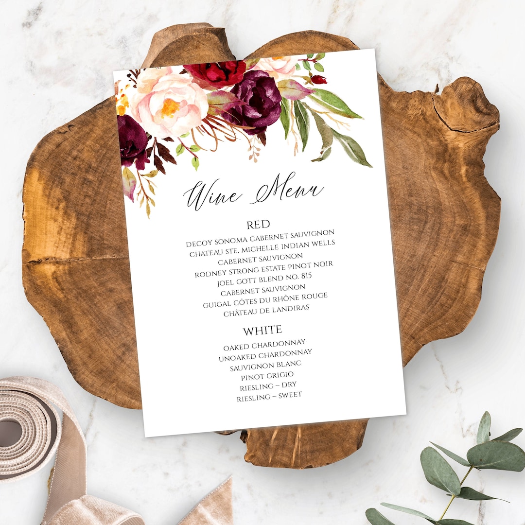 Burgundy Wine Menu Template, Wine List, Printable Drinks Menu, Editable ...