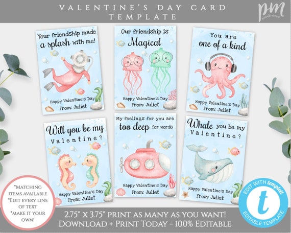 Ocean Valentines Day Card Template Beach Valentines Cards for | Etsy