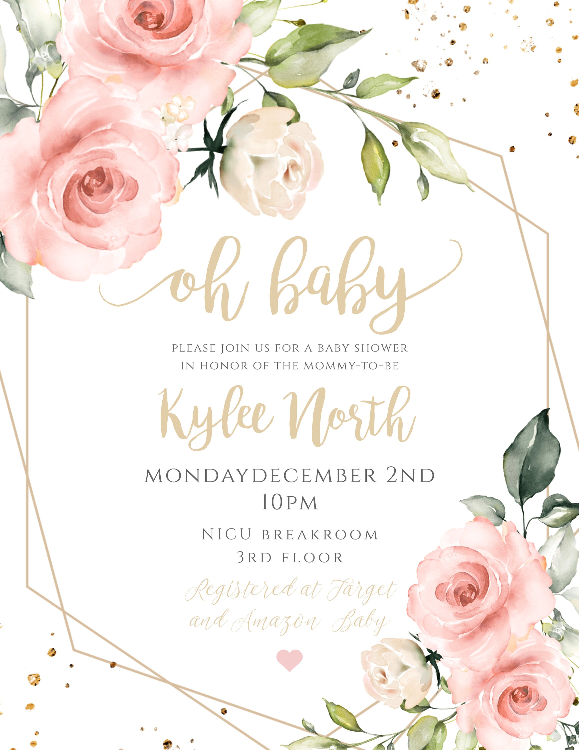 Flyer Invitation Pink Floral Oh Baby Invitation Template Editable Gold ...