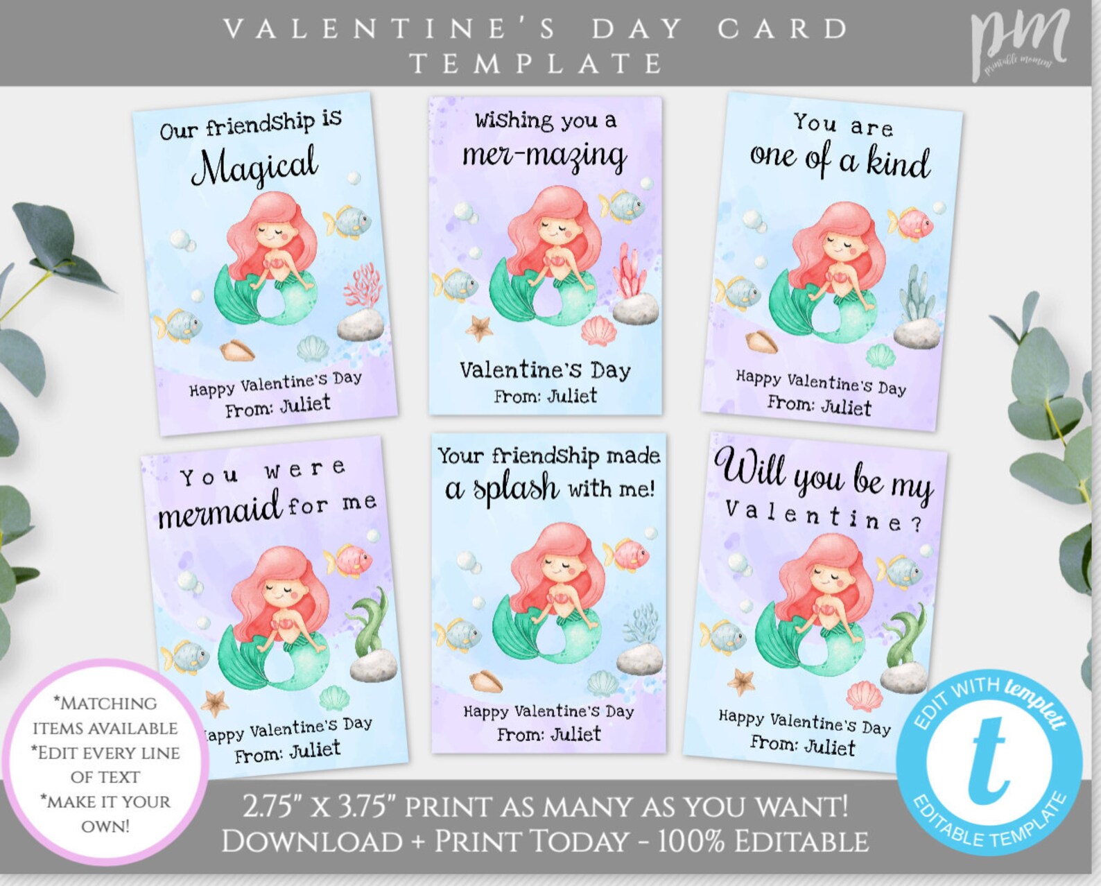 Mermaid Valentines Day Card Template Mermaid Valentines Cards - Etsy