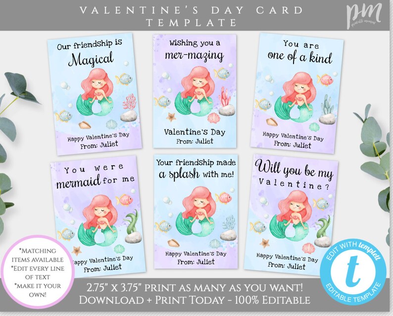 Mermaid Valentines Day Card Template, Mermaid Valentines Cards for Kids ...
