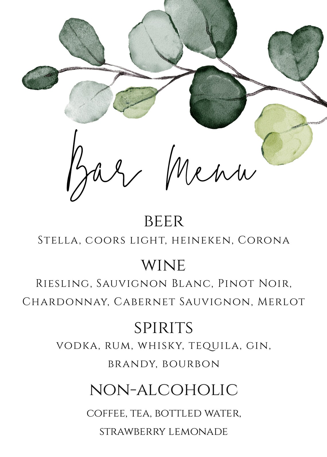 Greenery Bar Menu Template for Wedding Printable Bar Menu | Etsy