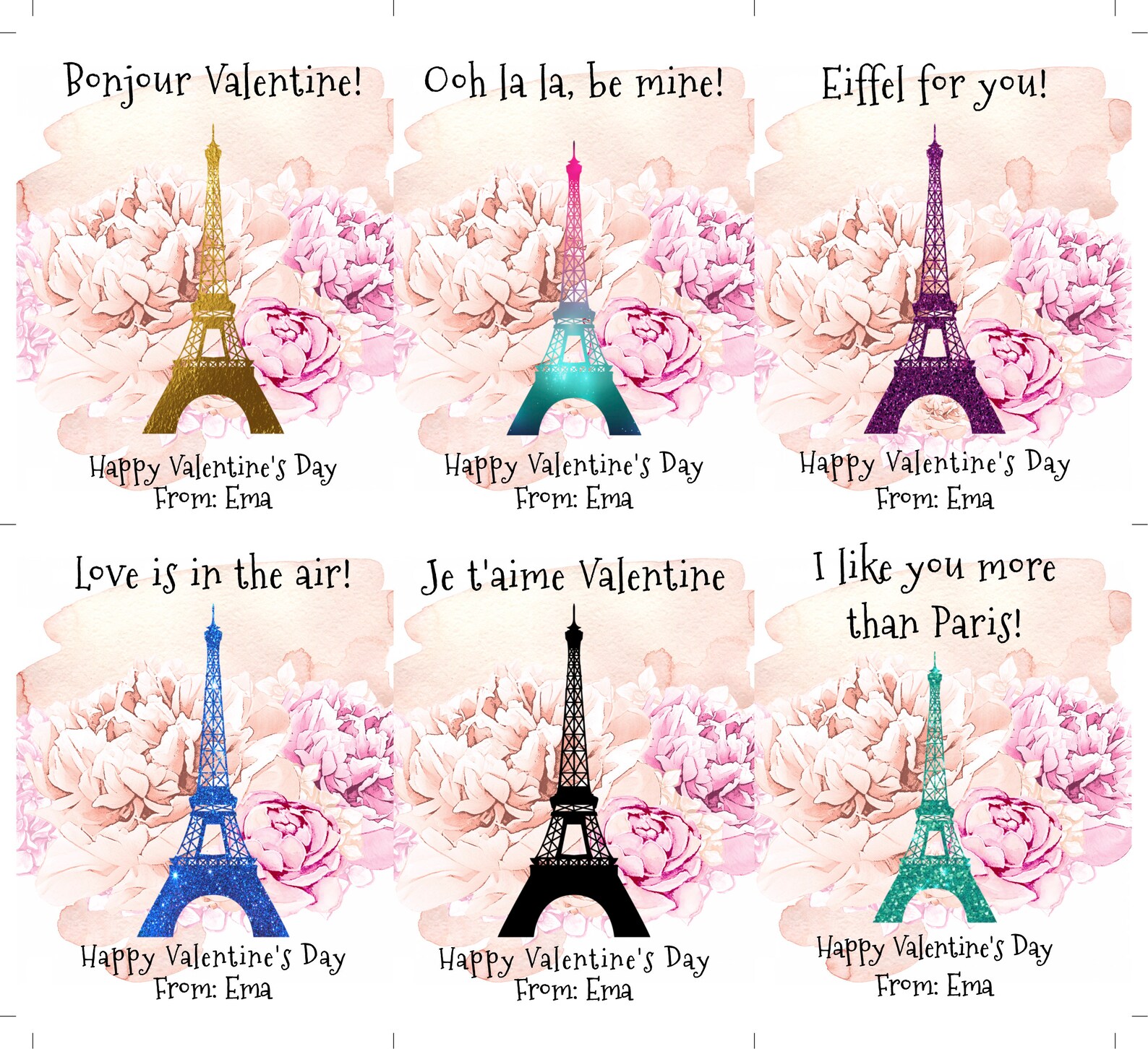 Paris Valentines Day Card Template Eiffel Tower Valentines | Etsy