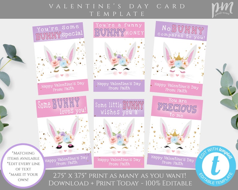 Bunny Valentine Card Template, Bunny Valentines Cards for Kids ...