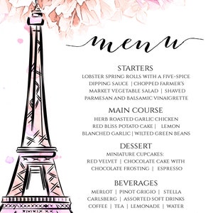Paris Menu Card Template 5" X 7", Eiffel Tower Food Menu, French Theme ...
