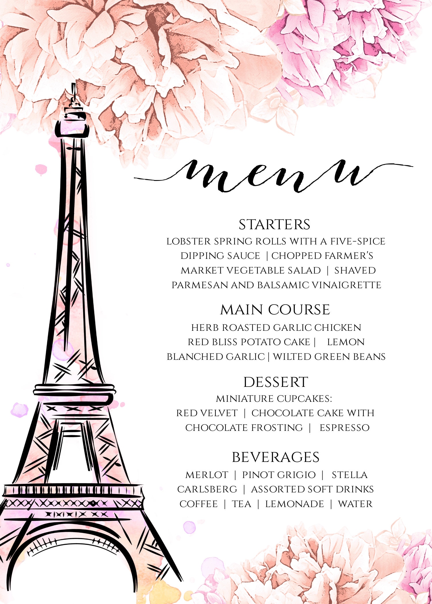 Paris Menu Card Template 5" X 7", Eiffel Tower Food Menu, French Theme ...