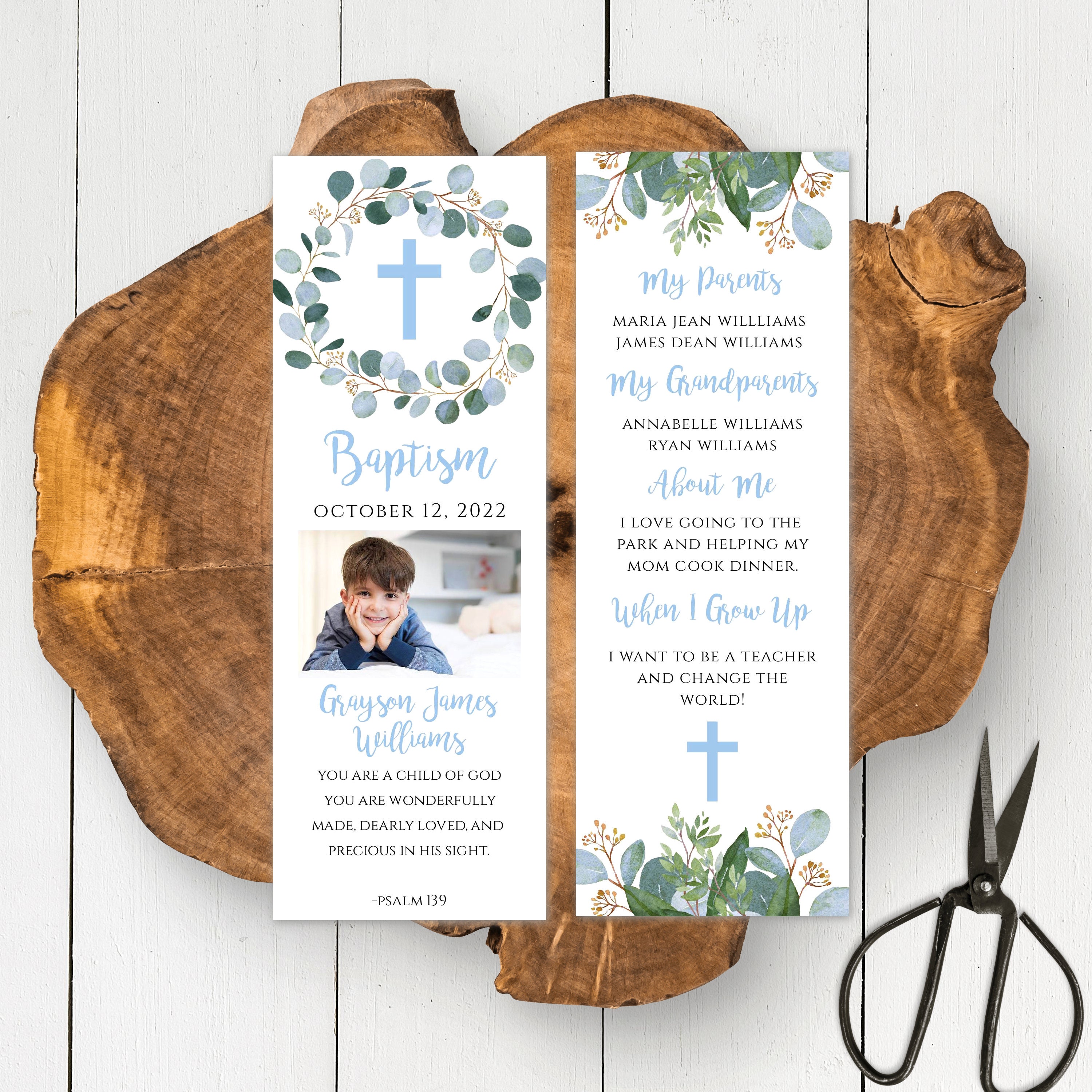 Boy Baptism Bookmark With Photo Blue Greenery Milestone - Etsy