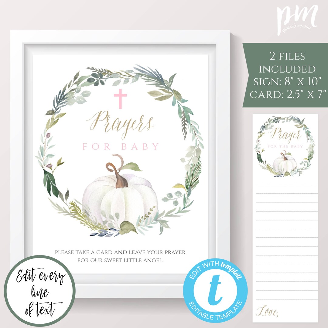 Fall Baptism Sign & Prayer Card Templates for Girl, Editable White ...
