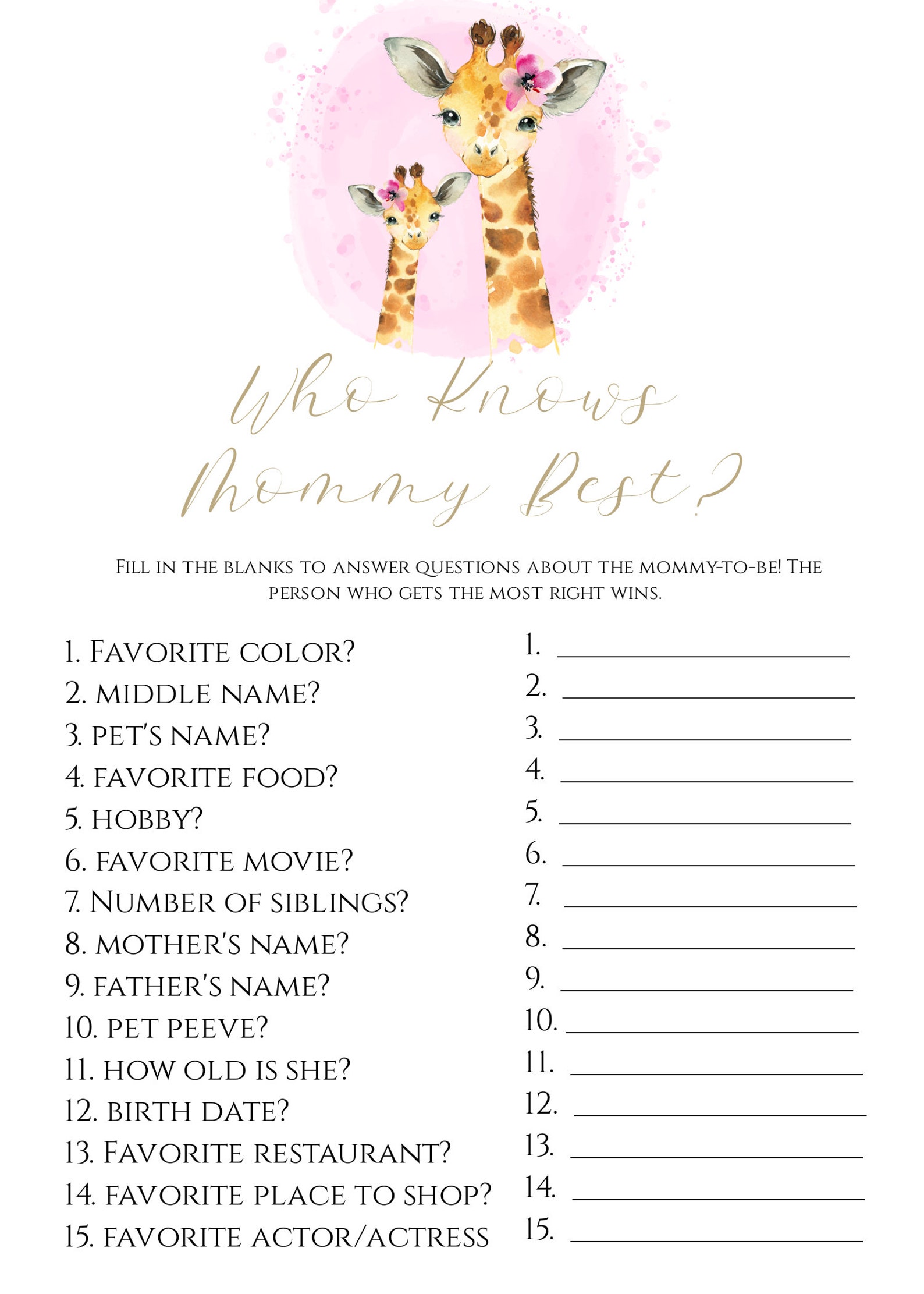 Pink Giraffe Baby Shower Game Bundle Template Set Giraffe - Etsy