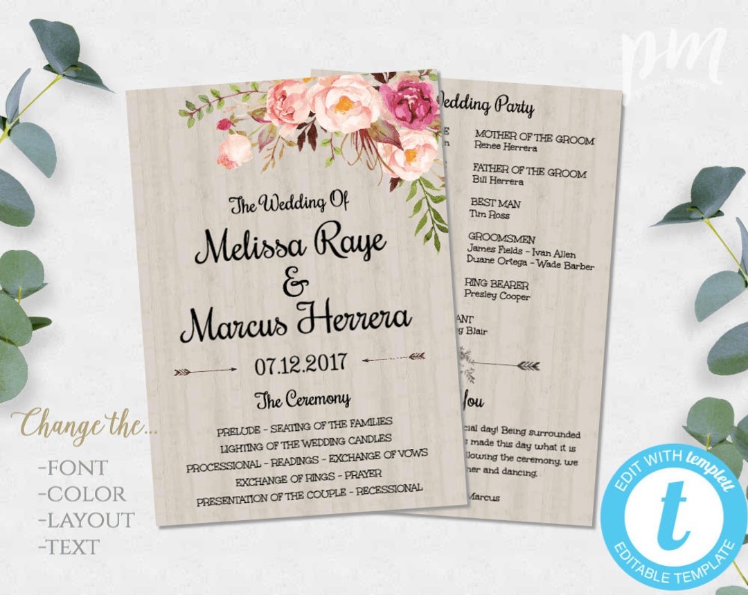 Bohemian Floral Wedding Program Template, Floral Printable Program ...