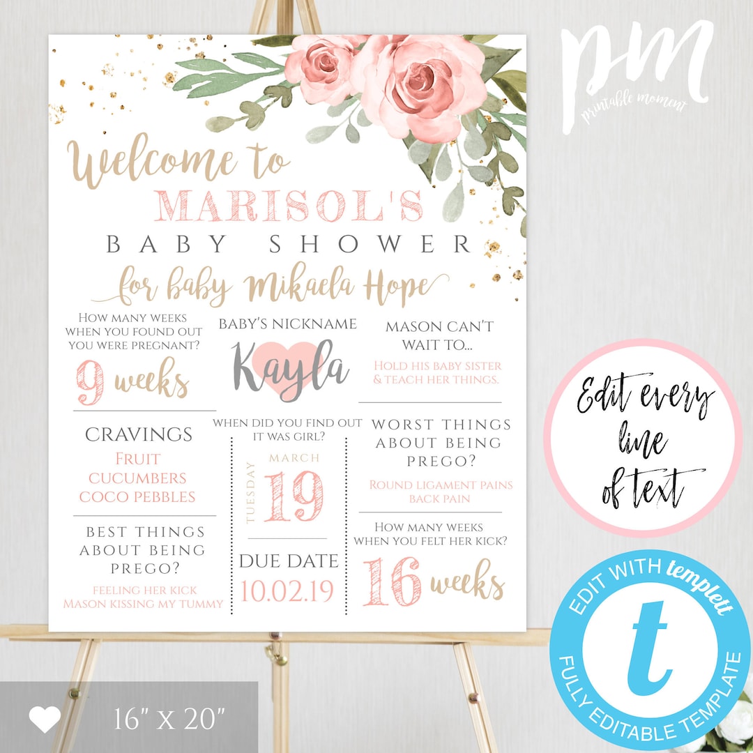 Blush Floral Pregnancy Stat Board Template, Pregnancy Keepsake Poster ...