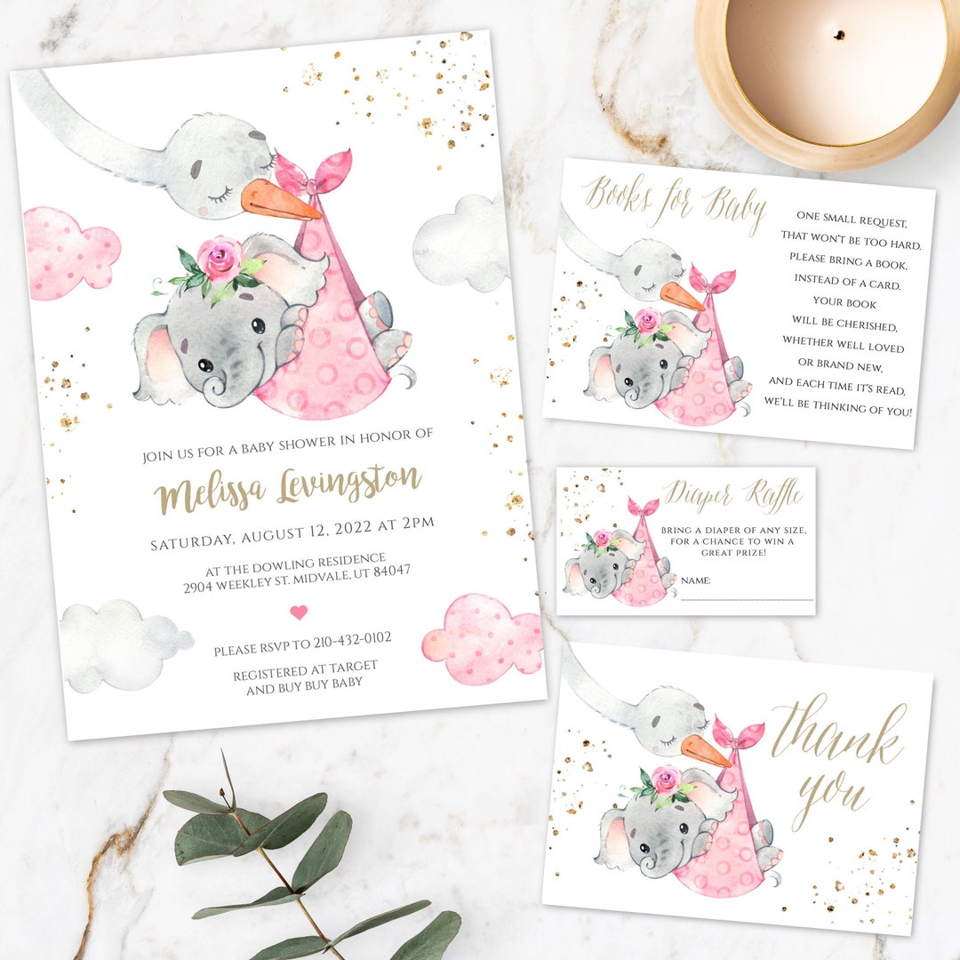 Pink Elephant Invitation Template Set for Girl, Editable Stork Baby ...
