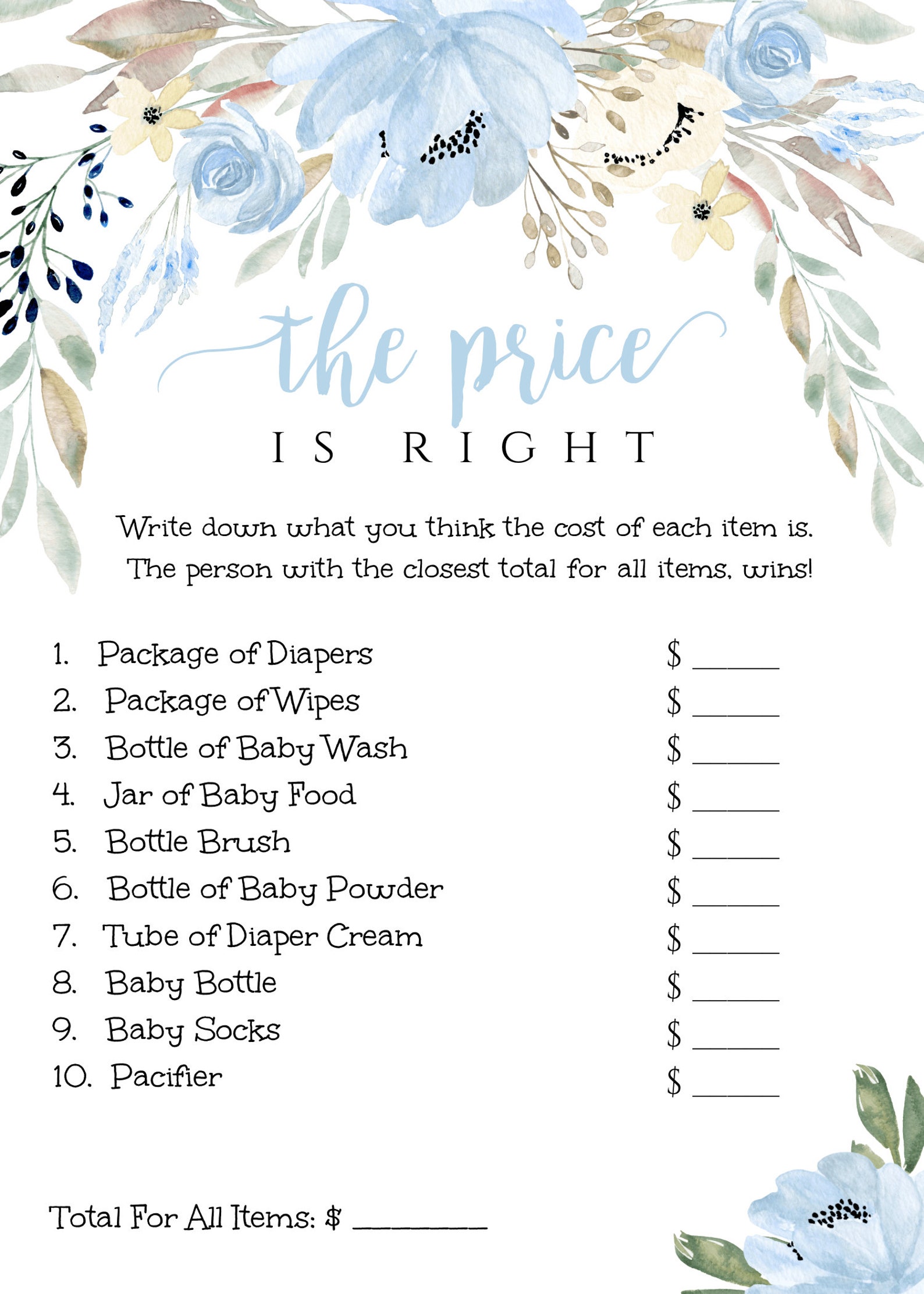 Blue Floral the Price is Right Baby Shower Game Template for - Etsy