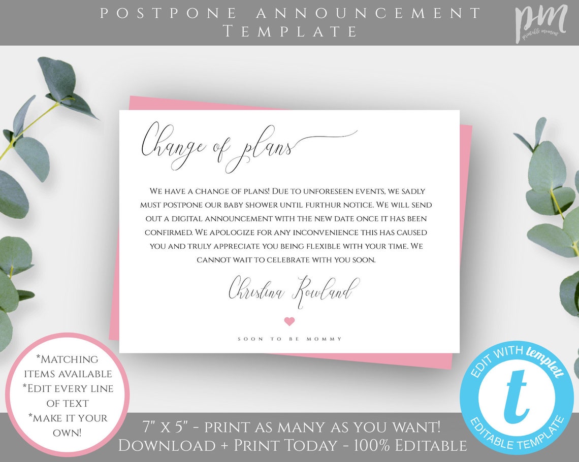 Change of Plans Baby Shower Postpone Announcement Template - Etsy