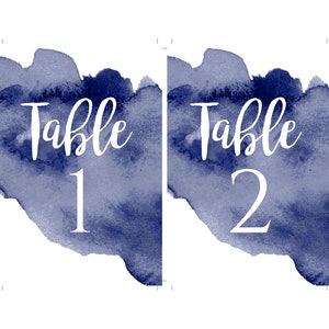 Navy Blue Watercolor Table Number Template for Wedding, Blue Table ...