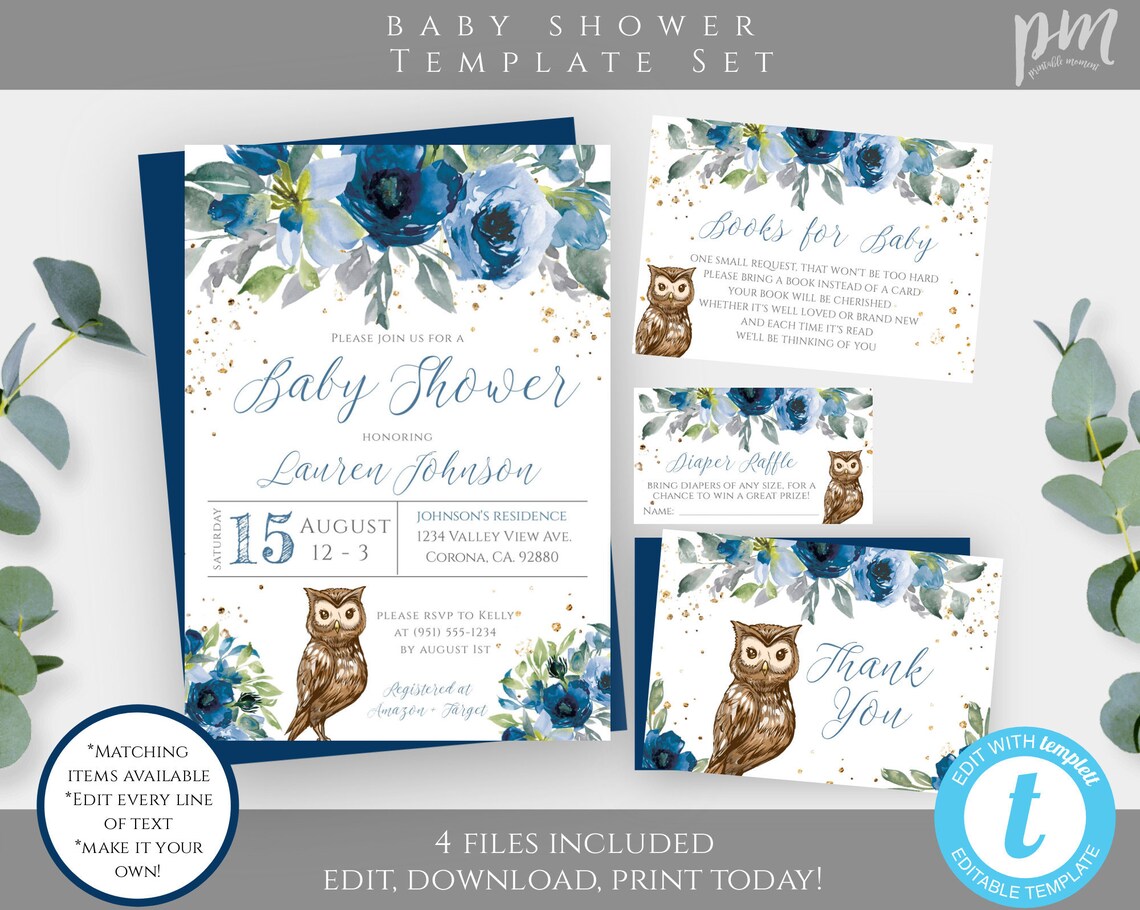 Owl Baby Shower Invitation Template Set Blue Owl Invite for | Etsy