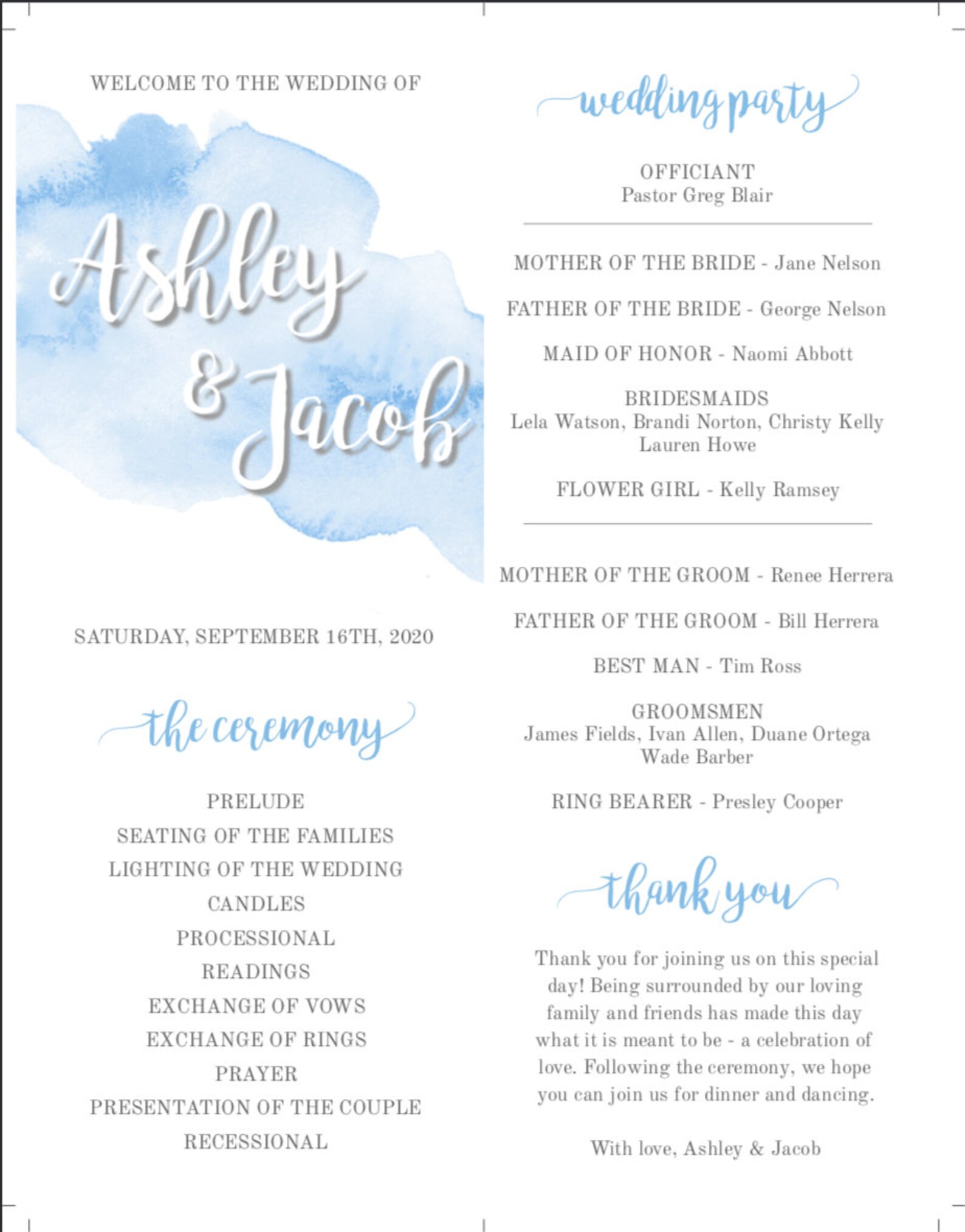 Light Blue Watercolor Wedding Program Template Printable - Etsy