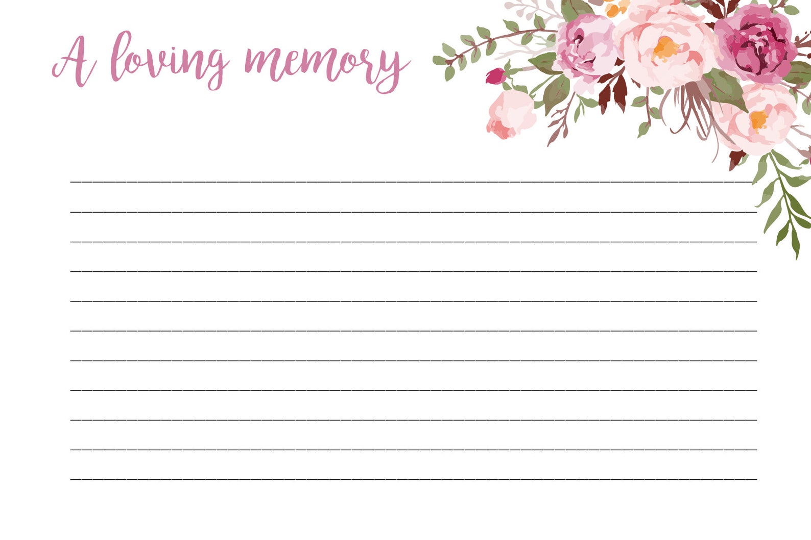 Pink Floral Share a Memory Card, Instant Download, Celebration of Life ...