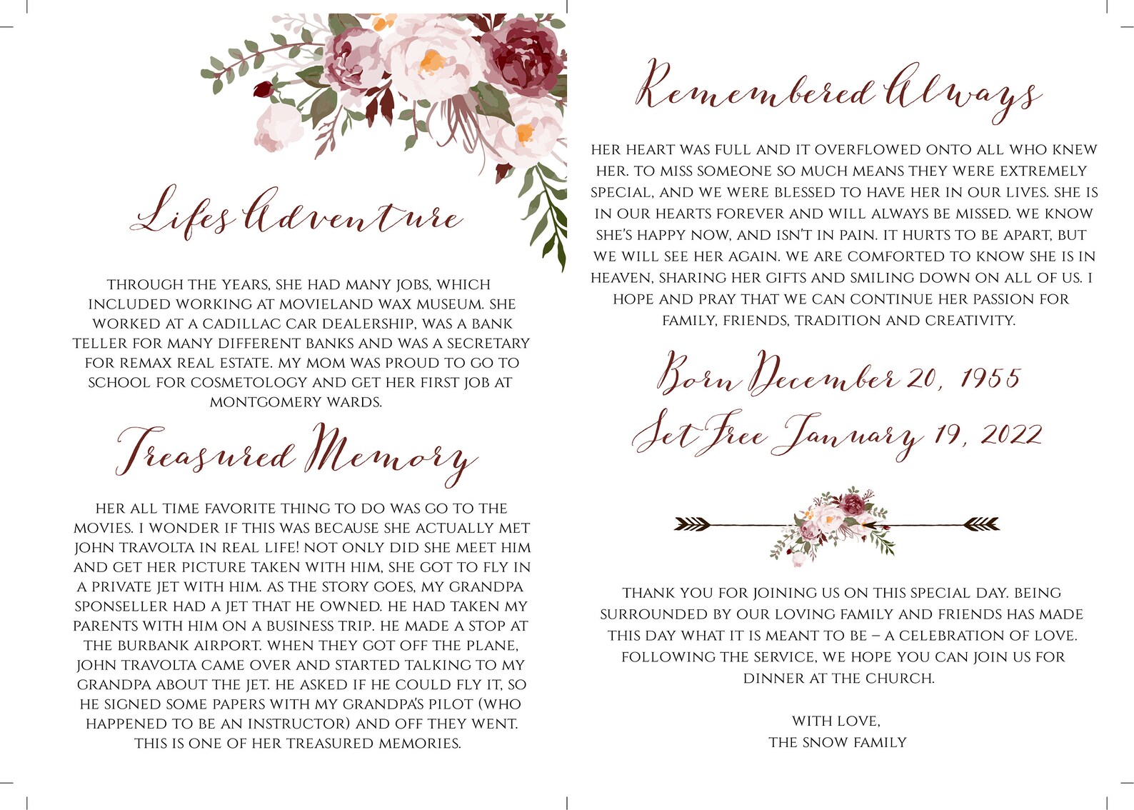 Burgundy Floral Funeral Editable Obituary Template in Loving - Etsy