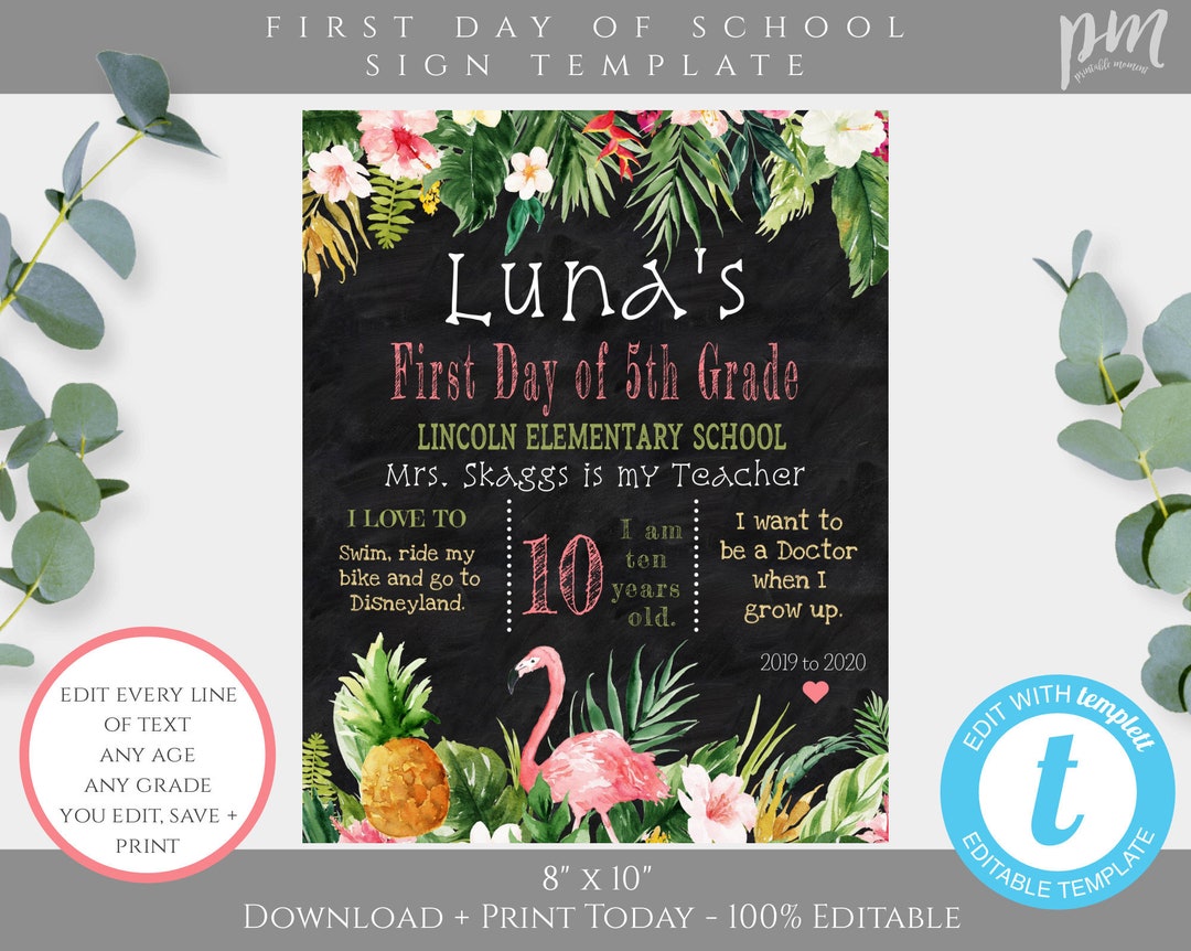 First Day of School Chalkboard Sign Template ANY GRADE Back to School ...