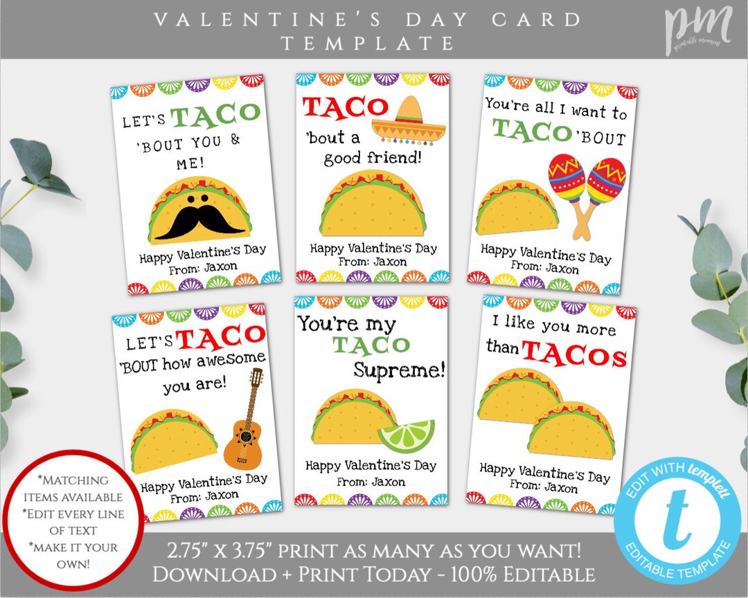 Taco Valentine Card Template, Taco Valentines Cards for Kids Classroom ...