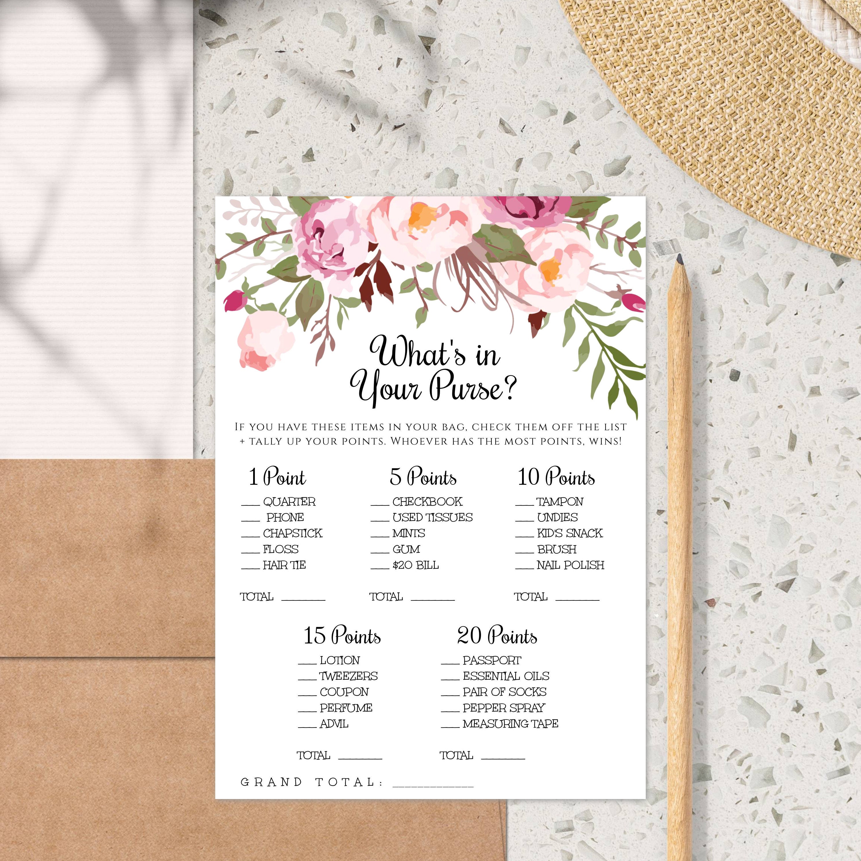 Pink Floral What's in Your Purse Bridal Shower Game | Etsy