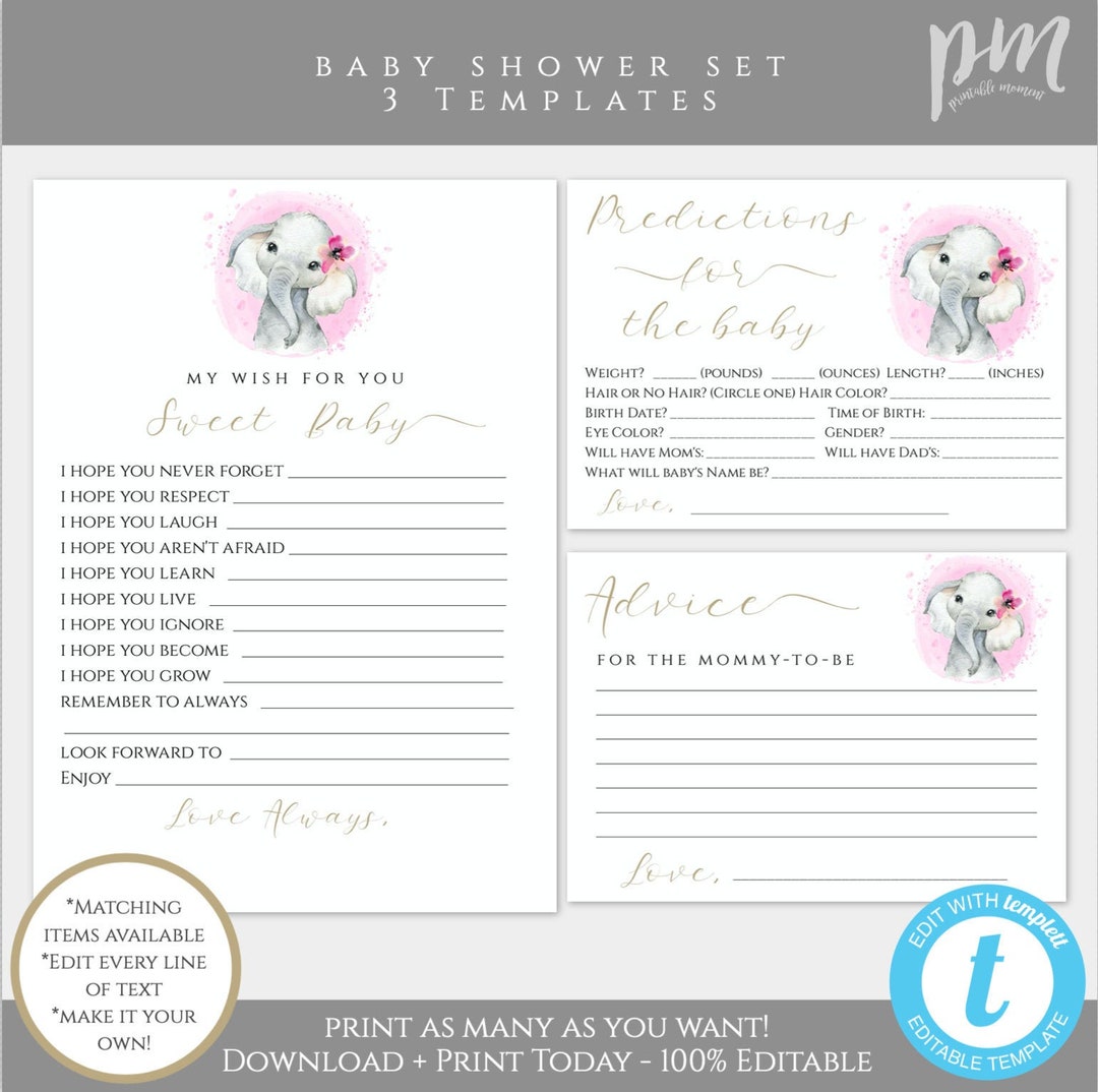 Pink Elephant Baby Shower Keepsakes, Wishes for Baby Advice for Mommy ...