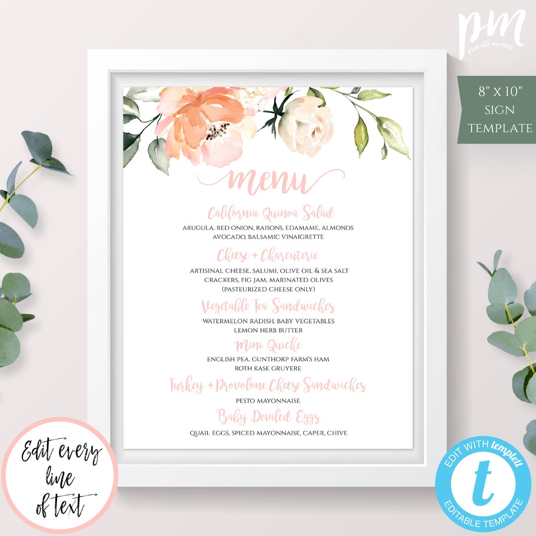 Peach Floral Menu Sign Template for Baby Shower, 8x10 Menu, Editable ...