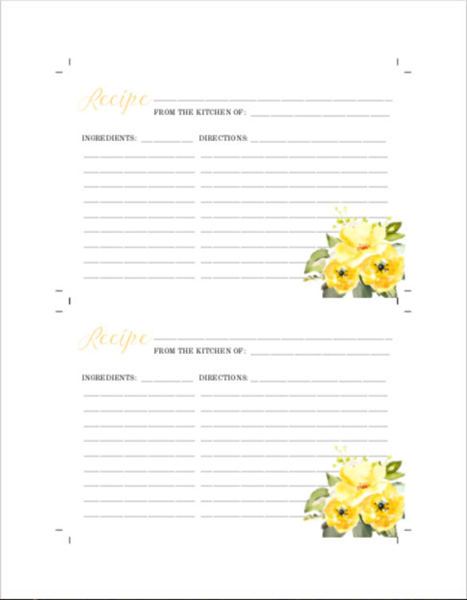 Yellow Floral Recipe Card Template, Bridal Shower Recipe Card ...