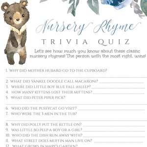 Bear Baby Shower Nursery Rhyme Game Template, Baby Shower Game, Boy ...