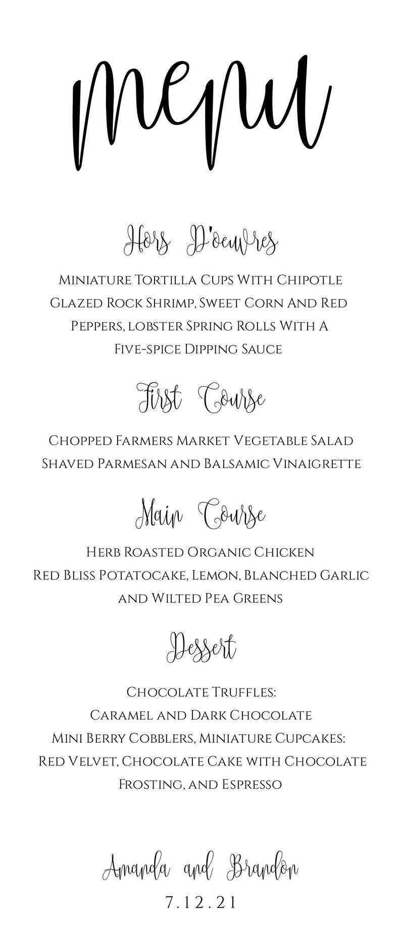 Menu Template for Wedding Script Dinner Menu Printable - Etsy