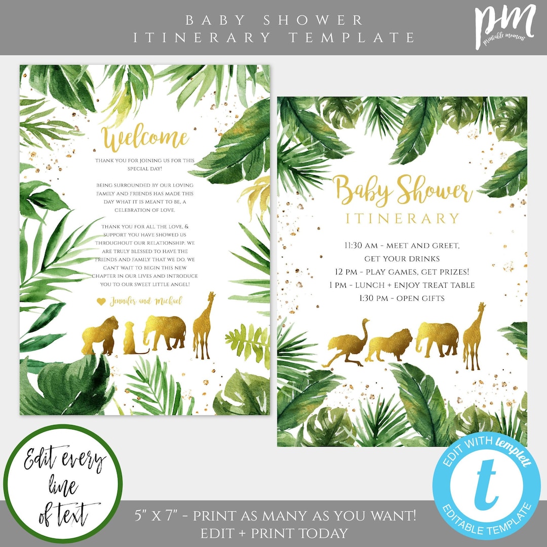 Baby Shower Itinerary Template, Printable Safari Itinerary, Jungle ...