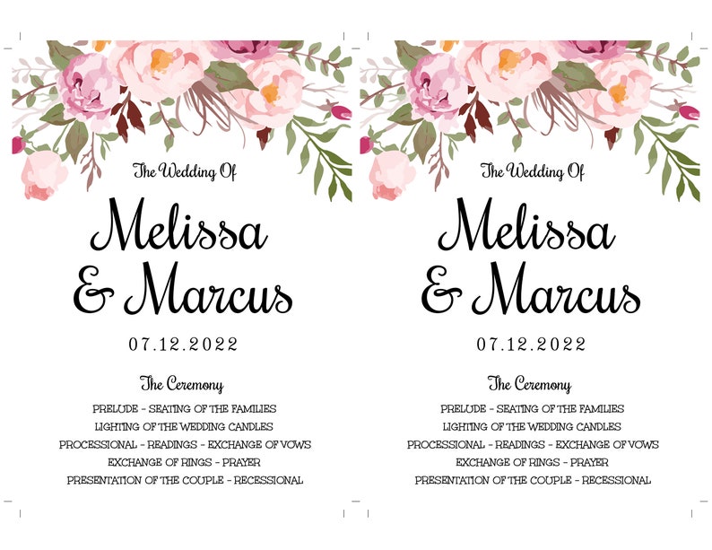 Pink Floral Watercolor Wedding Program Template, DIY Wedding, Program ...