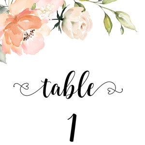 Peach + Blush Pink Floral Wedding Table Number Template, Watercolor ...
