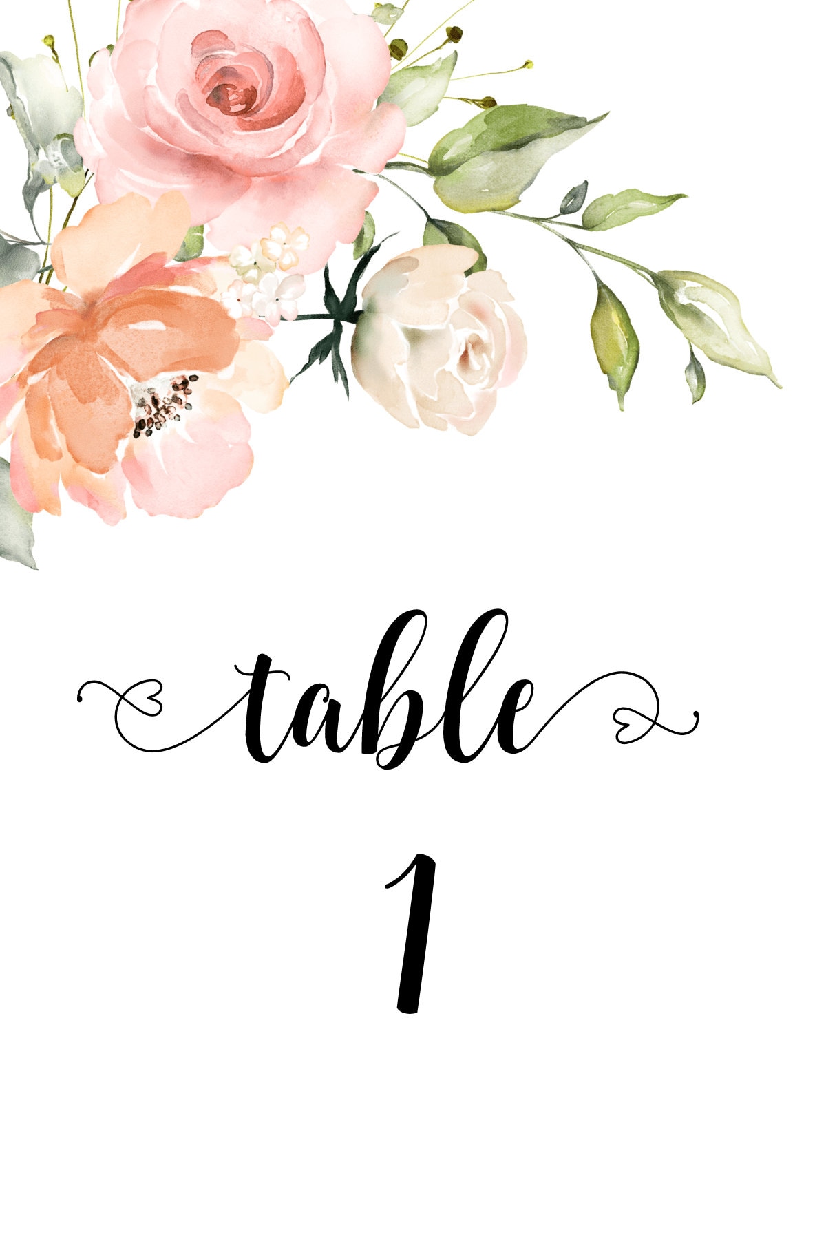 Peach + Blush Pink Floral Wedding Table Number Template, Watercolor ...