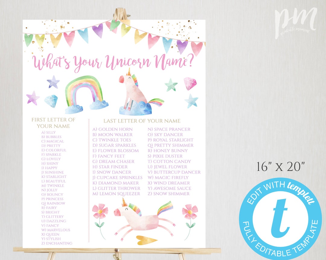 What's Your Unicorn Name Birthday Activity Sign Template 16 X 20 ...