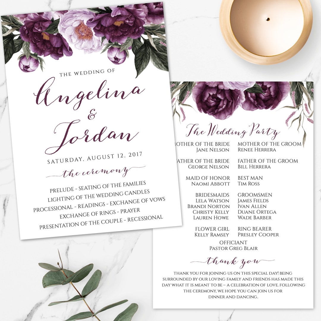 Purple Floral Wedding Program Template, Printable Plum Floral Program ...