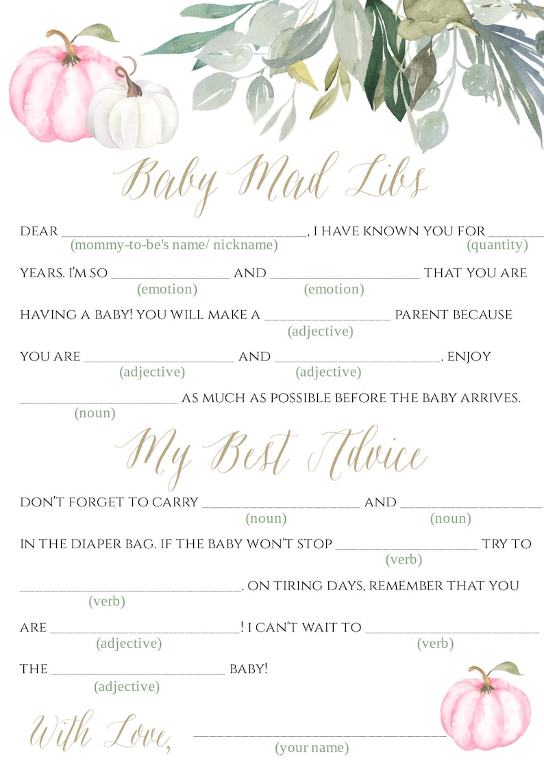 Baby Shower Mad Libs Game Template Editable Pink Pumpkin Fall - Etsy