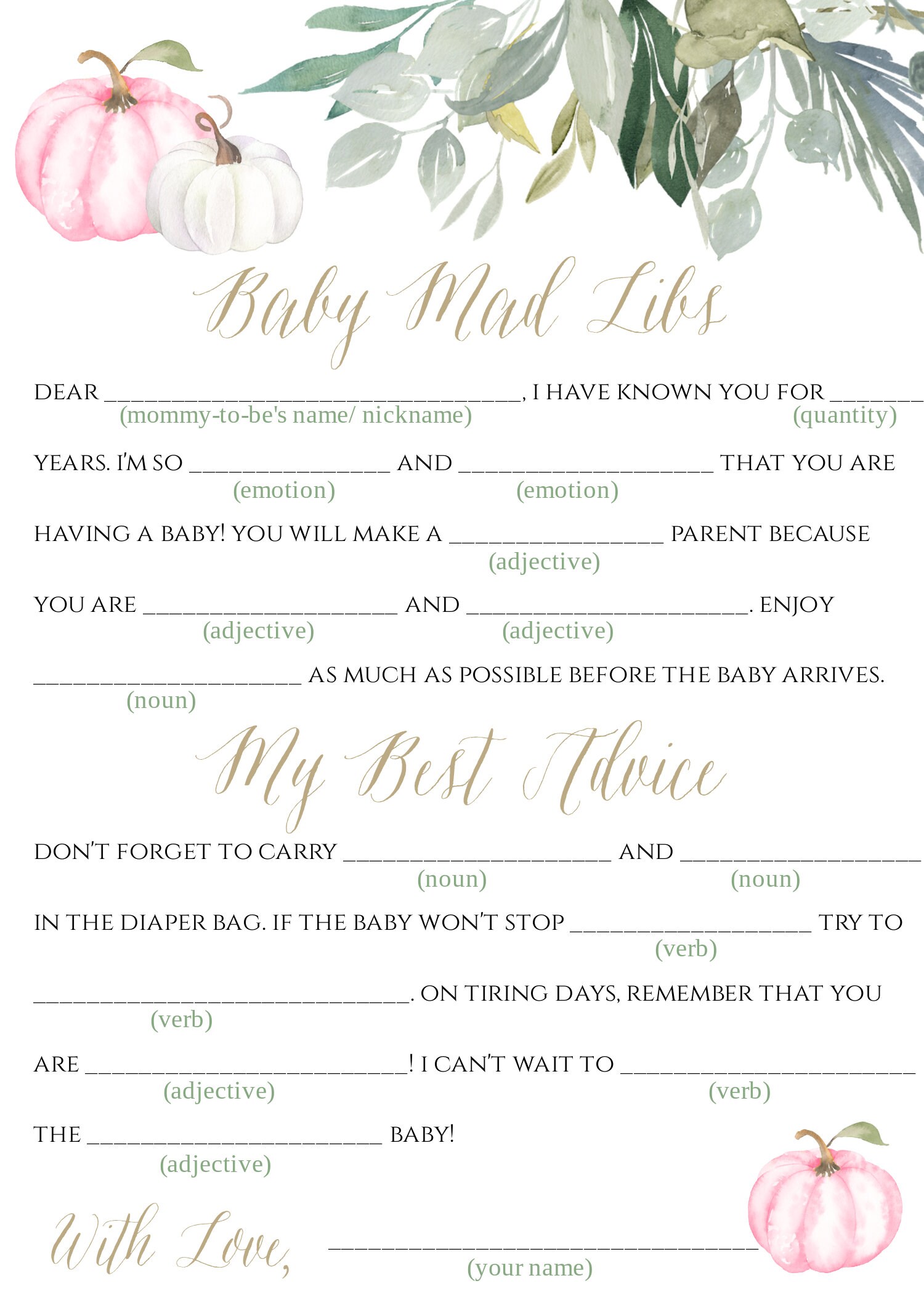 Baby Shower Mad Libs Game Template Editable Pink Pumpkin Fall | Etsy