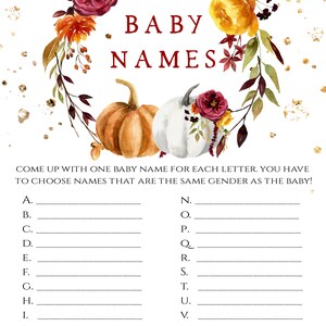 Fall Pumpkin Baby Name Game Template, Editable Autumn Baby Shower ...