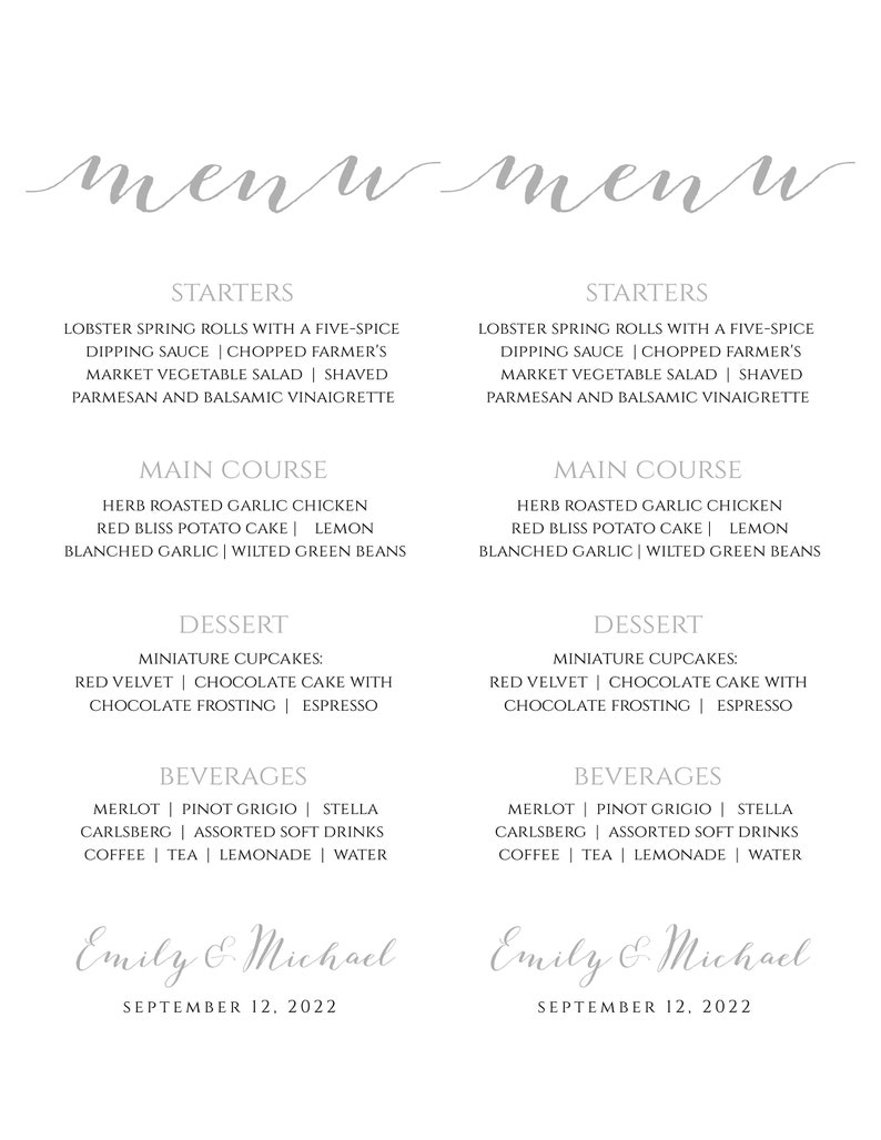 Silver Wedding Menu Printable Template, Printable Menu, Wedding Menu ...