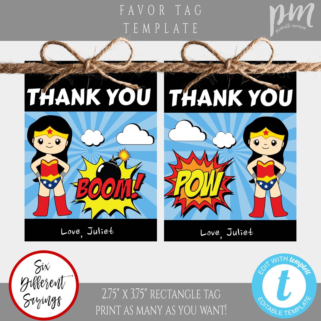 Superhero Thank You Tag Template for Girl, Favor Tag for Super Hero ...