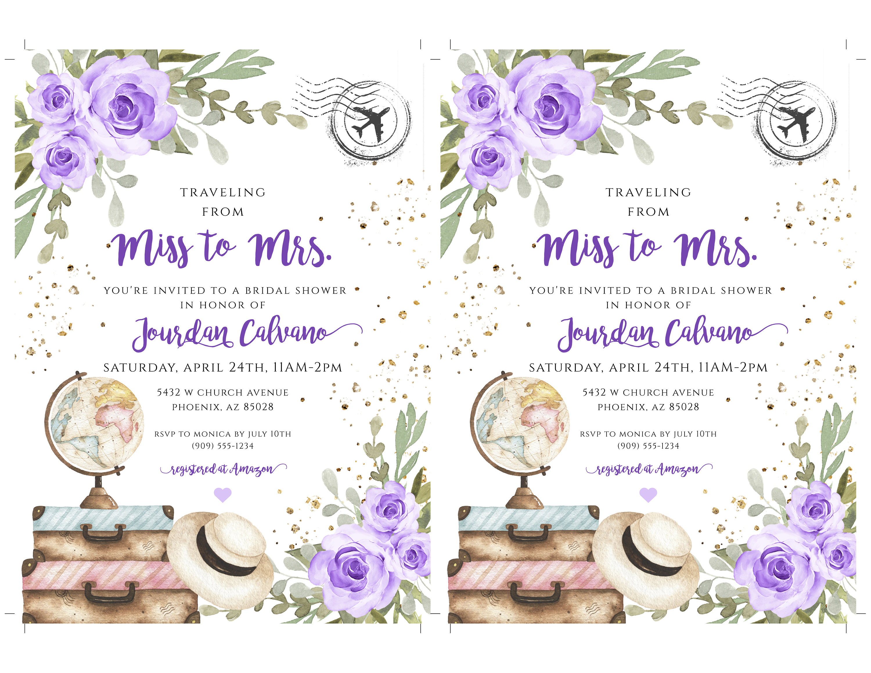 Traveling from Miss to Mrs Invitation Template Purple Floral | Etsy
